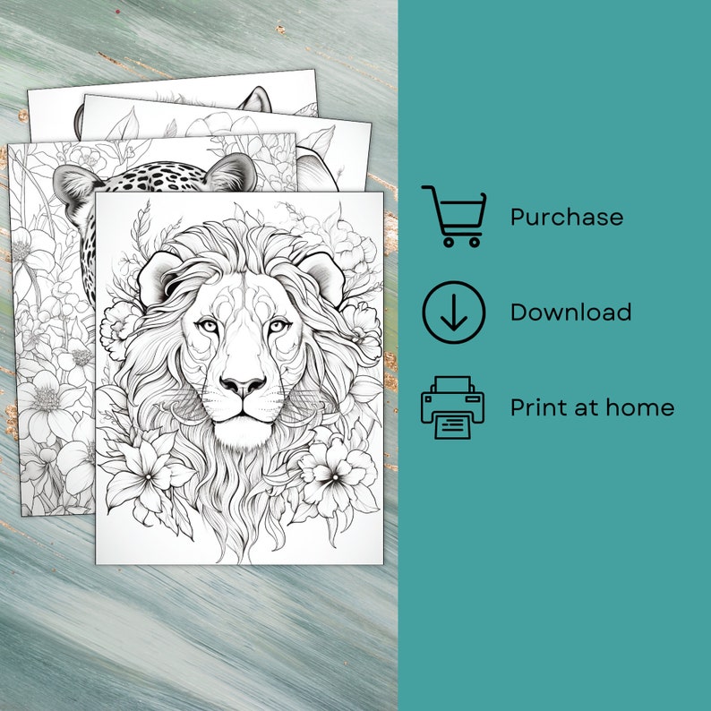 200 Floral Safari Animal Coloring Pages, Printable PDF, Adult Coloring ...