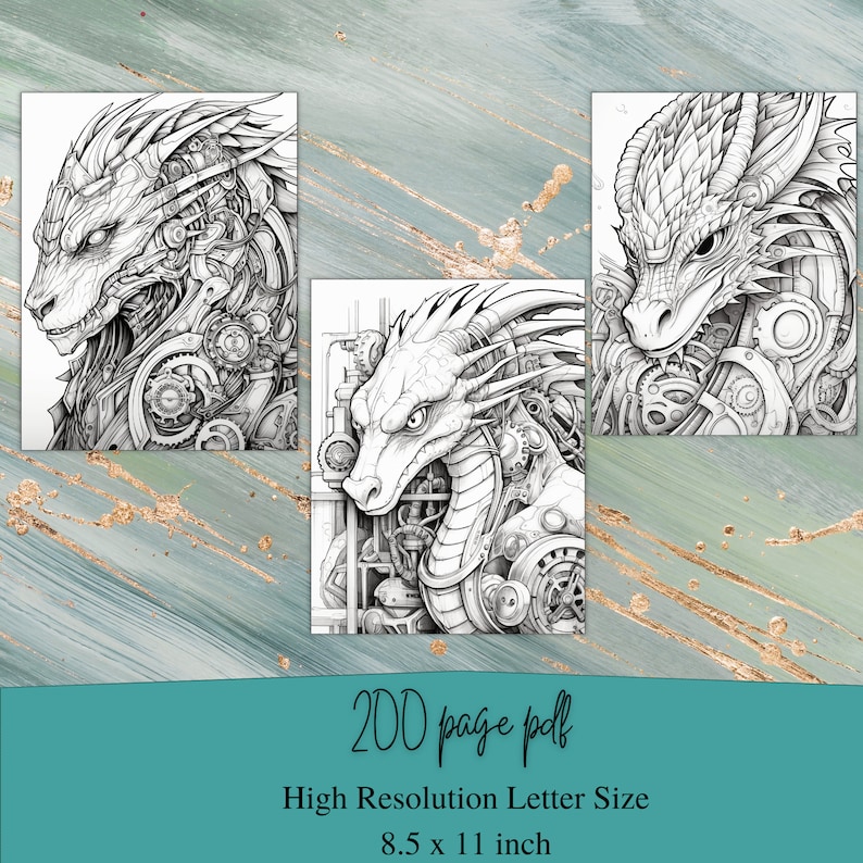 200 Steampunk Dragon Coloring Pages, Printable PDF, Fantasy Art, Dragon ...