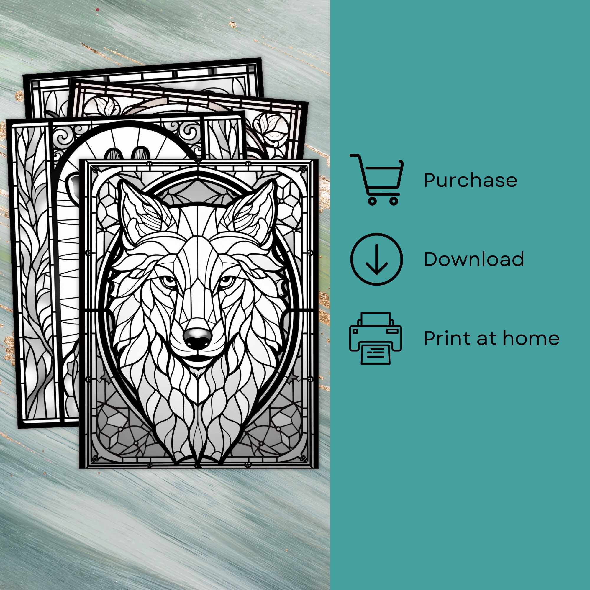 200 Animals Stained Glass Coloring Pages, Printable PDF, Grayscale ...