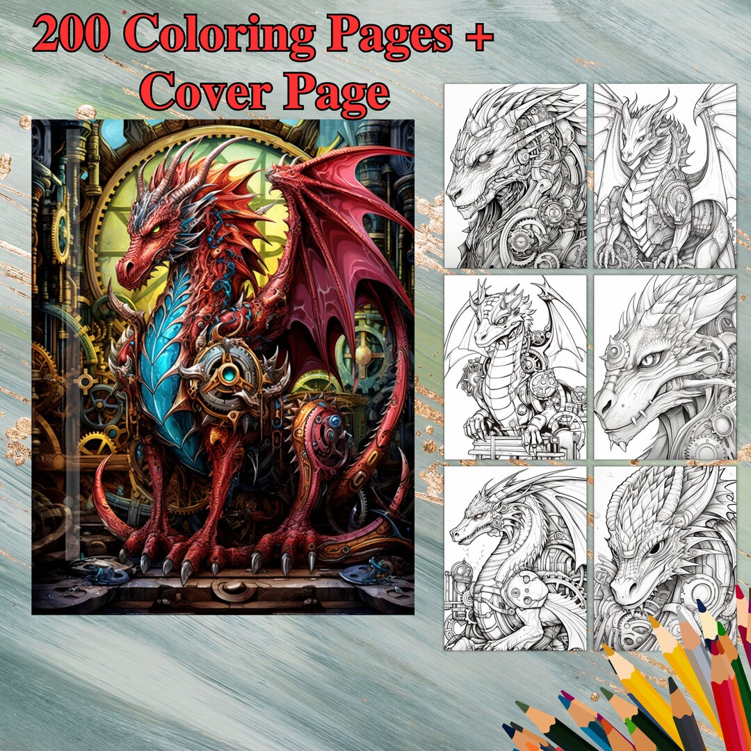 200 Steampunk Dragon Coloring Pages, Printable PDF, Fantasy Art, Dragon ...