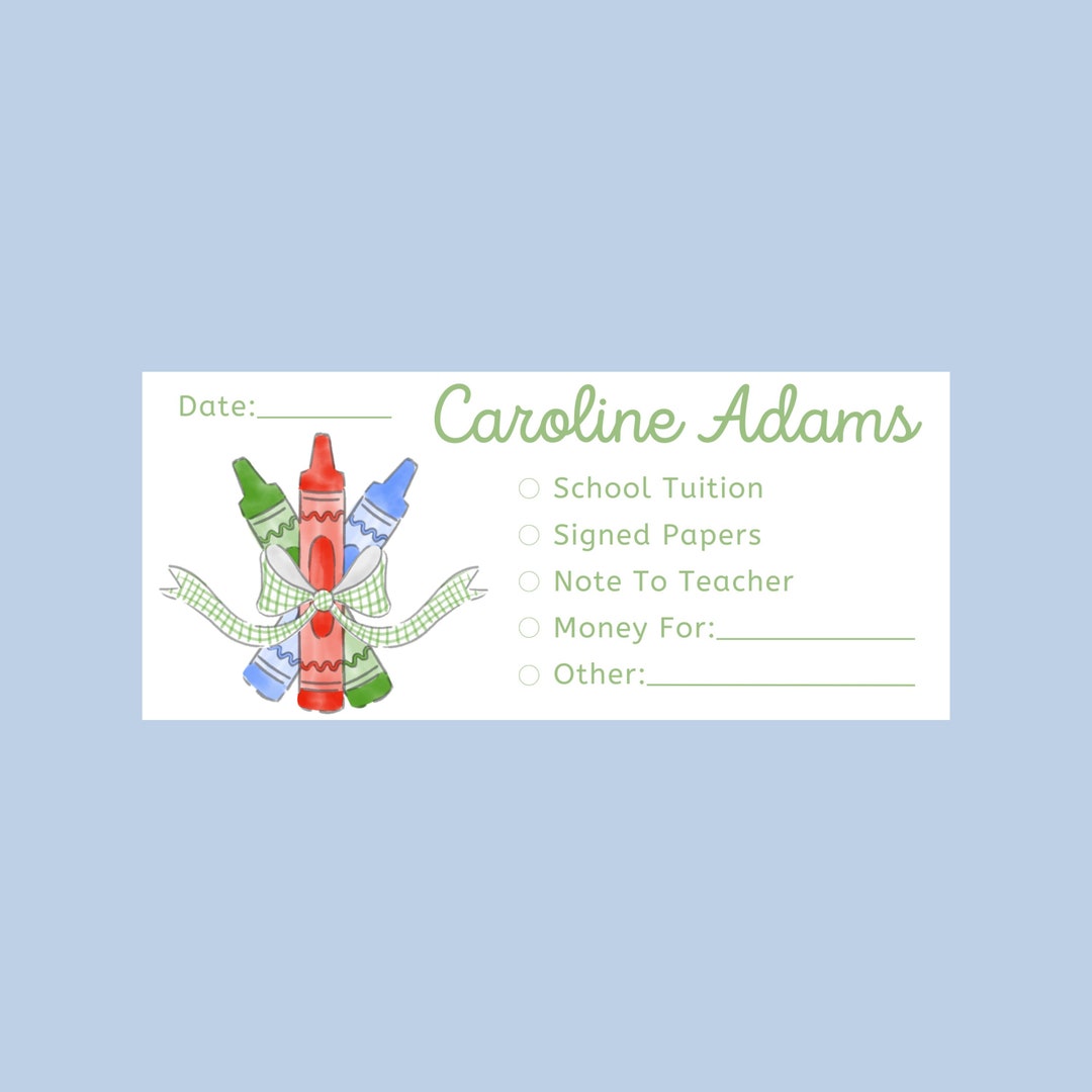 Green Bow & Crayon Personalized School Envelope Template Printable PDF ...