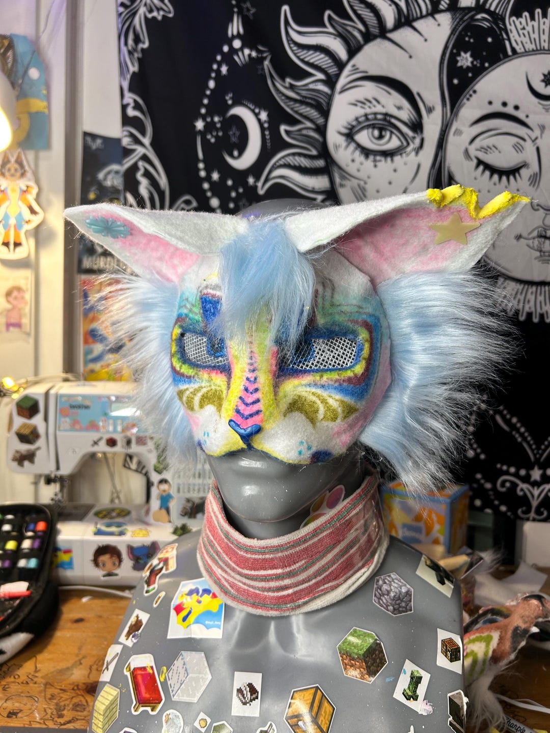 READ DESCRIPTION HQ Pastel Rainbow Handmade Therian Cat Furry Mask Glow ...