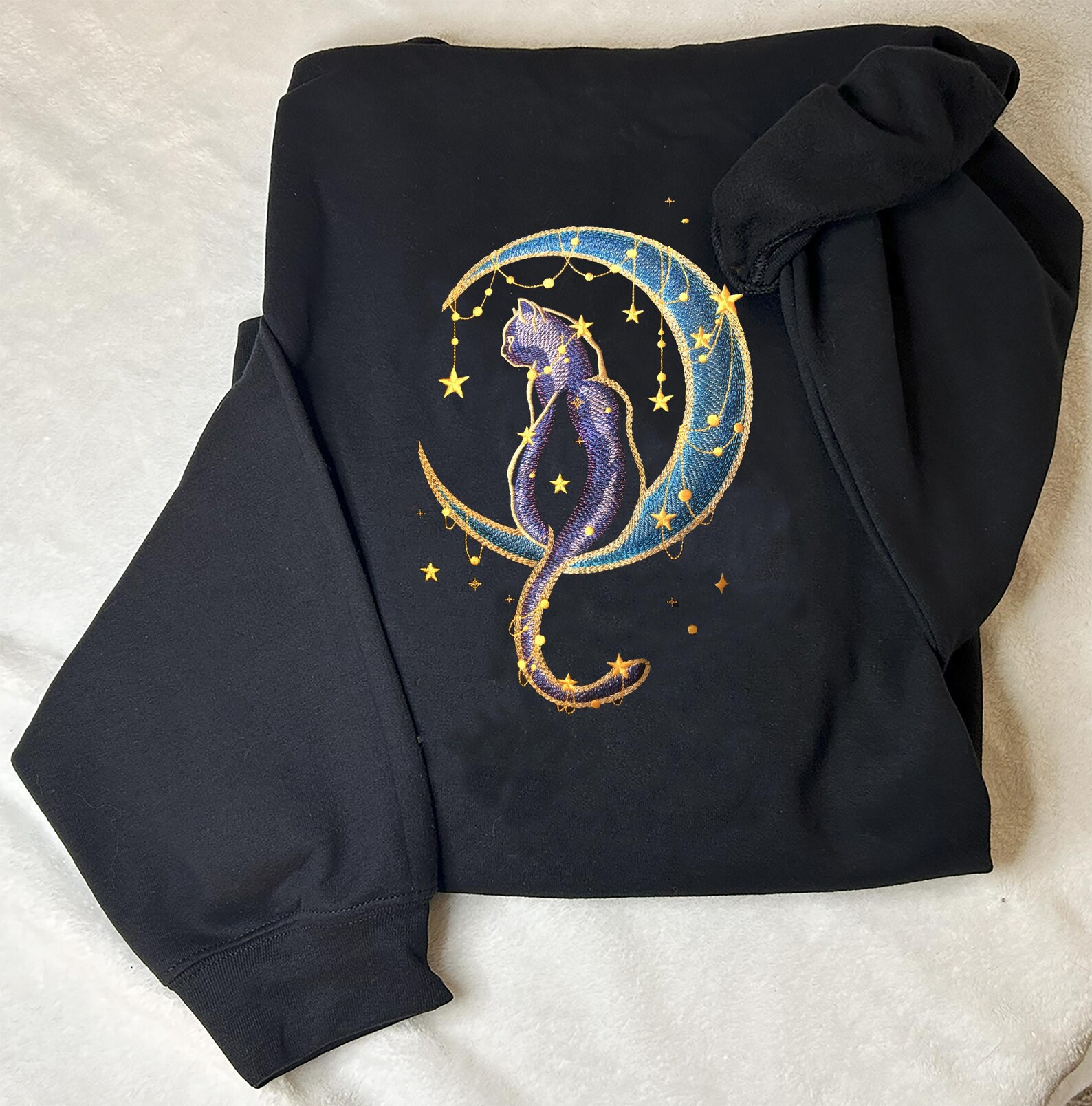 Magical Embroidered Cat on a Crescent Moon and Stars Zip up Hoodie ...