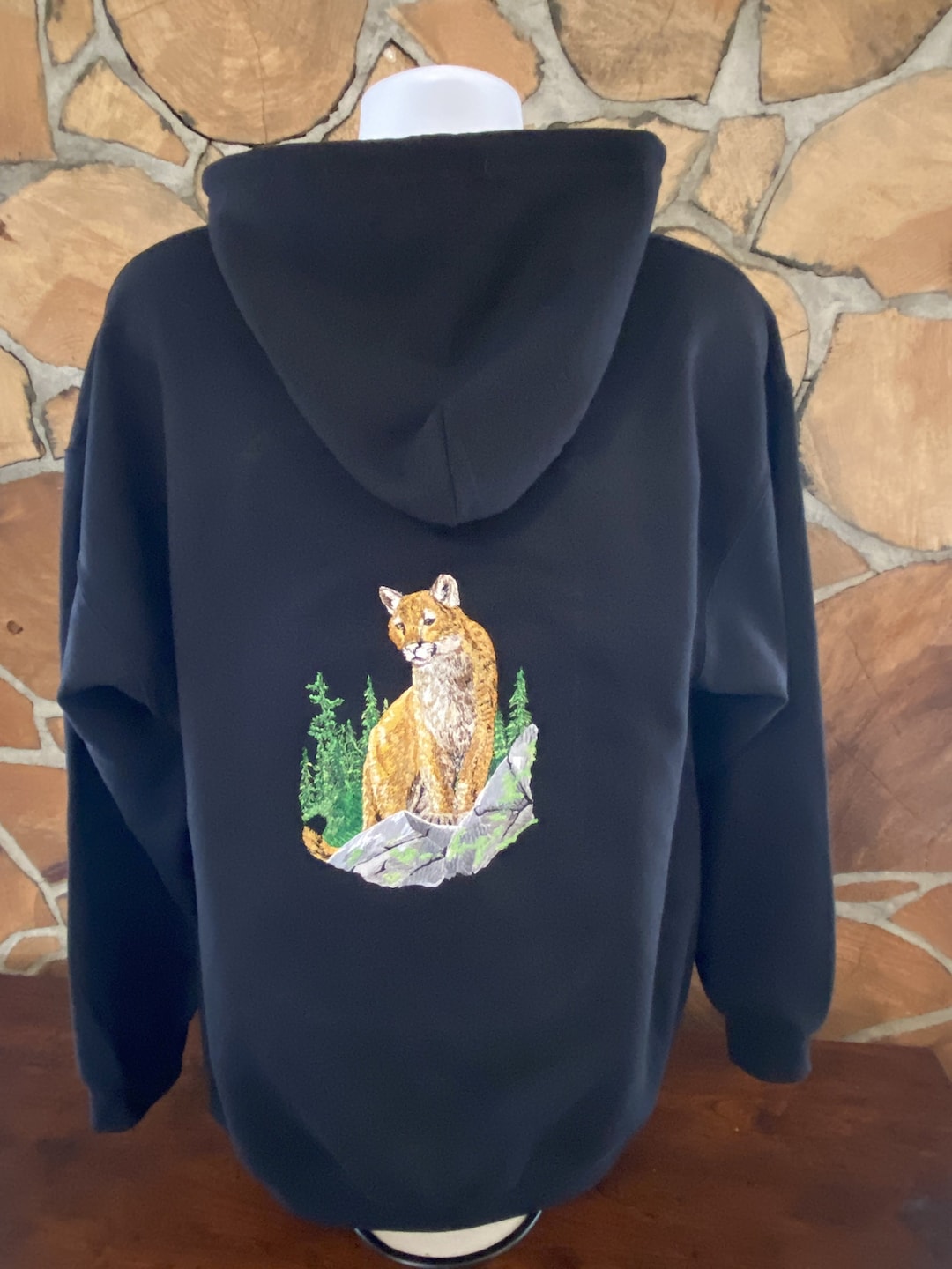 Embroidered Mountain Lion Zip up Hoodie Sweatshirt, Cougar, Unique ...