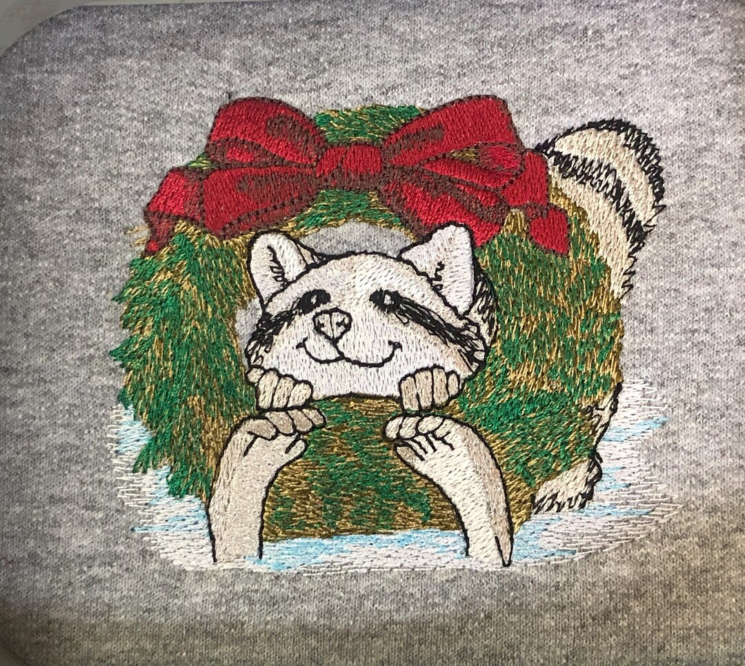 Holiday Cheer: Embroidered Raccoon in Christmas Wreath Sweatshirt, Cozy ...