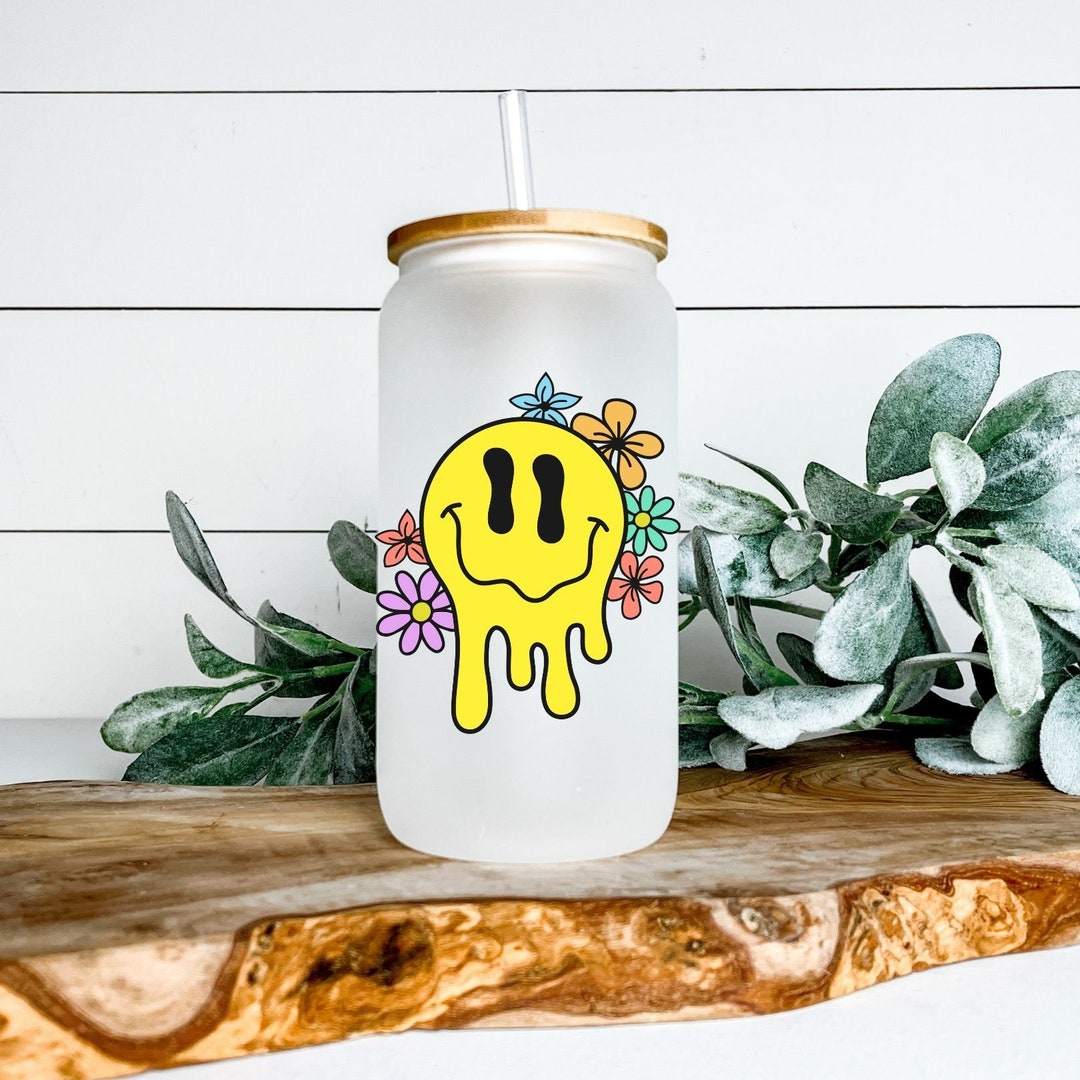Drippy Smiley Face Frosted Glass Tumbler – Aesthetic Iced Coffee Cup ...