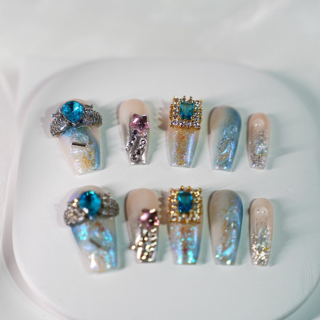 Blue Press on Nails, Luxury Glue on Nails, Salon Quality Fake Nails ...