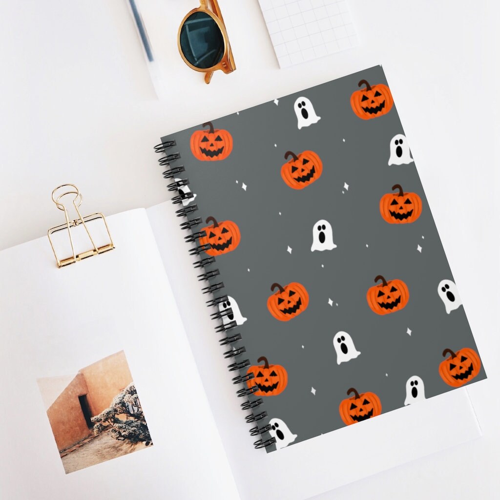 Pumpkin and Ghost Spiral Notebook GRAY, Pumpkin Notebook, Ghost ...