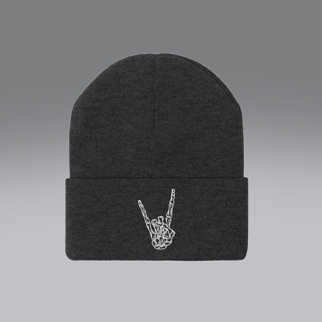 Skeleton Hand Embroidered Knit Beanie BLACK W/WHITE, Embroidered Hat ...