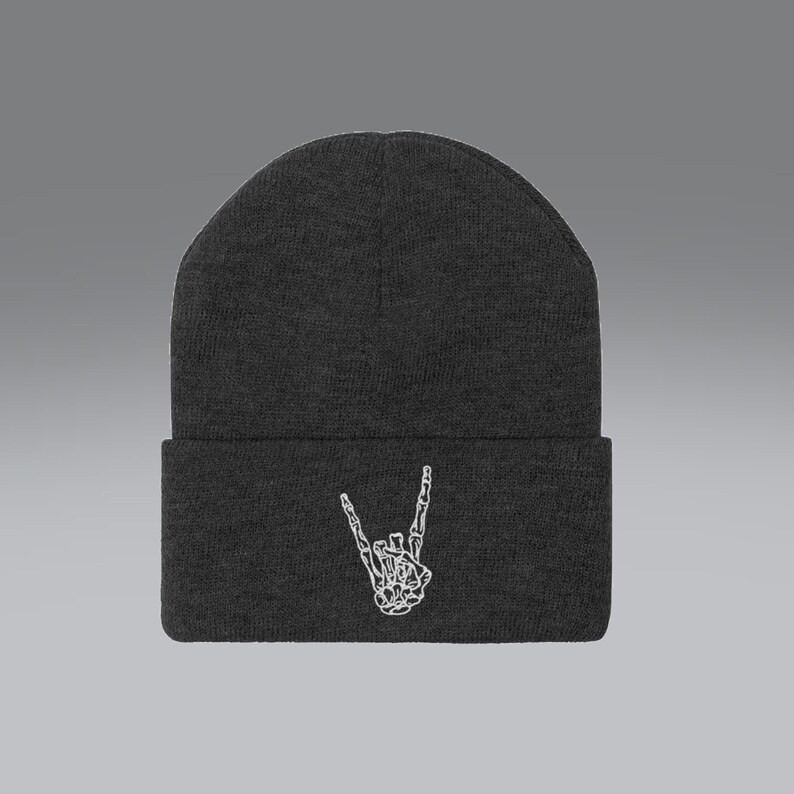 Skeleton Hand Embroidered Knit Beanie BLACK W/WHITE, Embroidered Hat ...