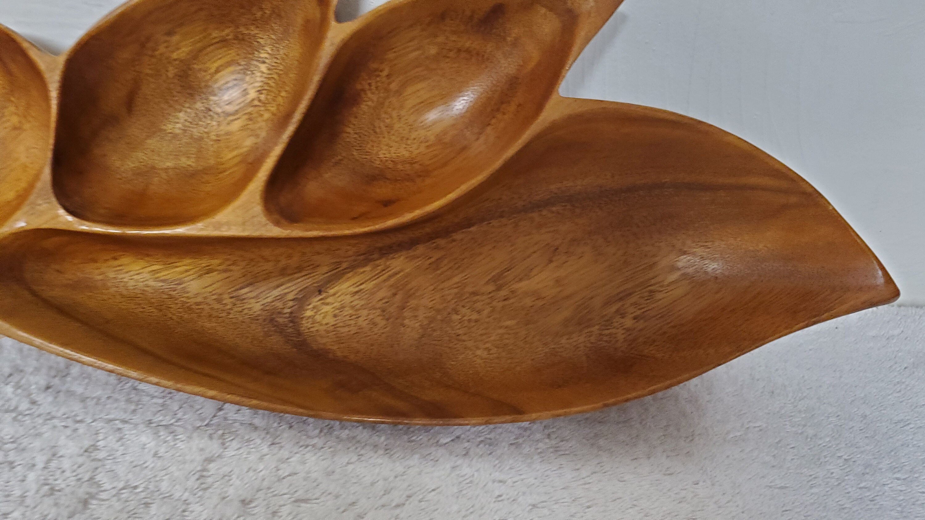 16" MONKEYPOD Wood Carved LEAF Divided Tray Bowl Serving Dish 4 Section ...