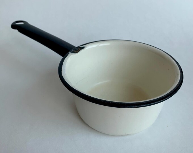 Small Enamel Pan | Vintage Enamelware Sauce Pan | White and Black ...
