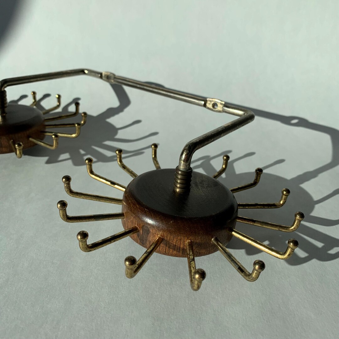 Vintage MCM Wood Brass Revolving Tie Hanger Rack Organizer 30 Pegs Wall ...