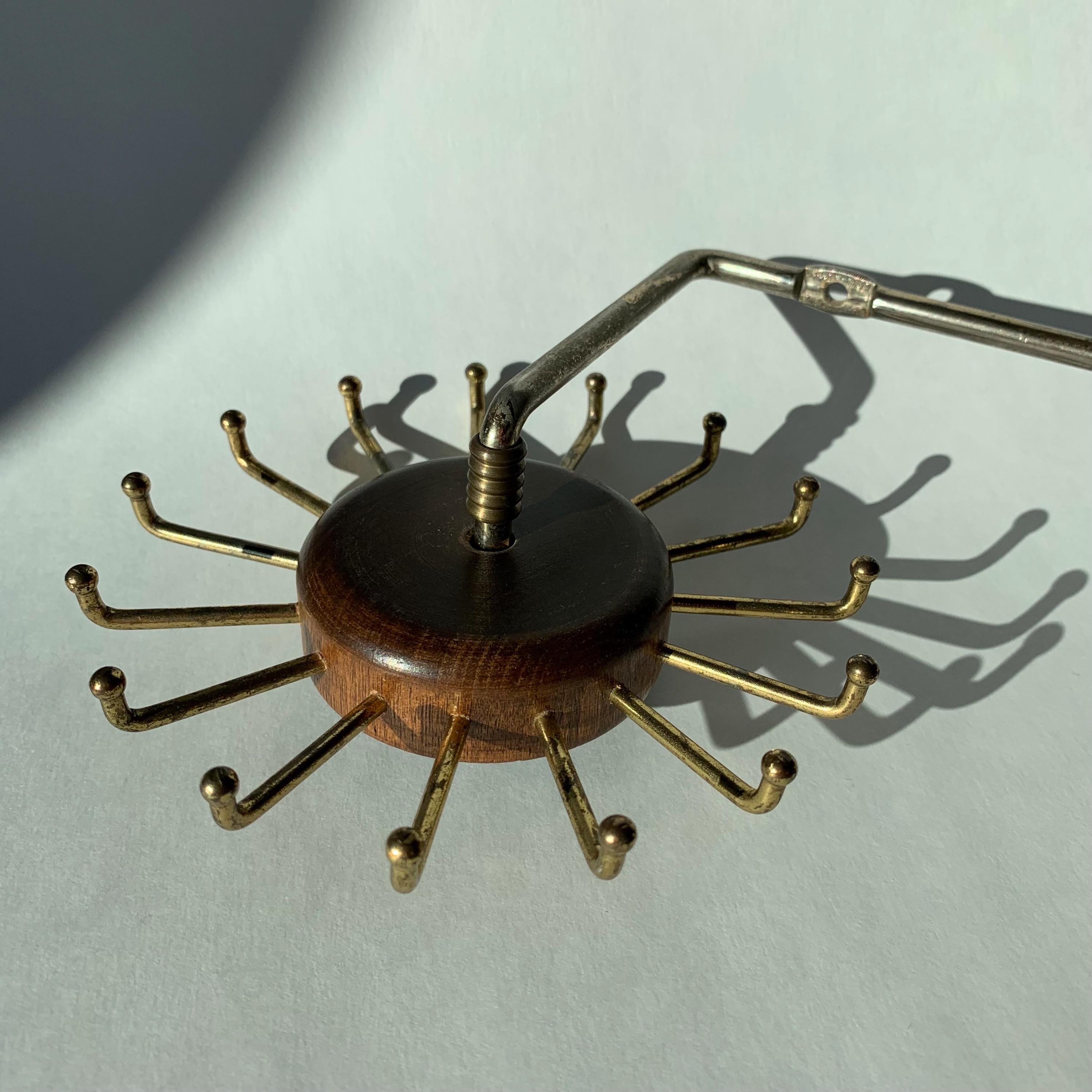 Vintage MCM Wood Brass Revolving Tie Hanger Rack Organizer 30 Pegs Wall ...