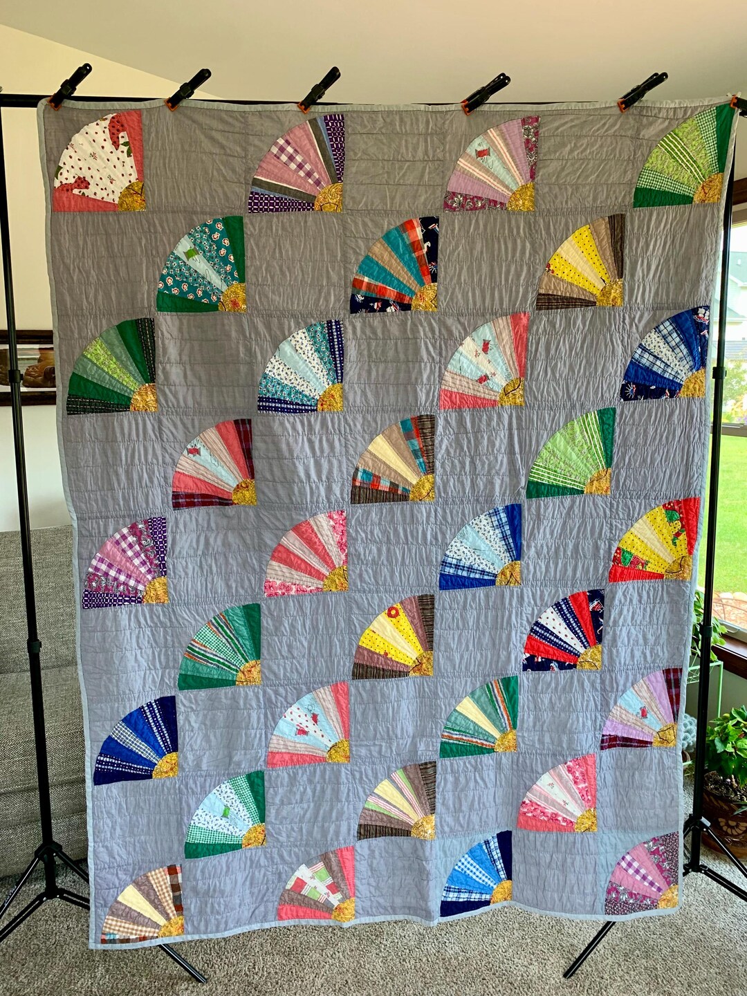 Handmade Lap Quilt | 60"x78" | Fan Pattern | Grandmother's Fan | Gray ...
