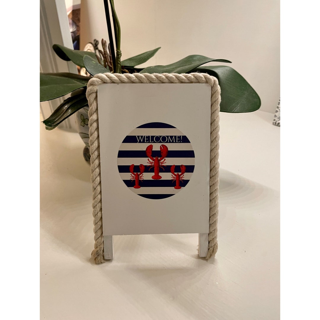 Wooden Easel Style Welcome Sign, Nautical Navy Blue & White Stripes ...