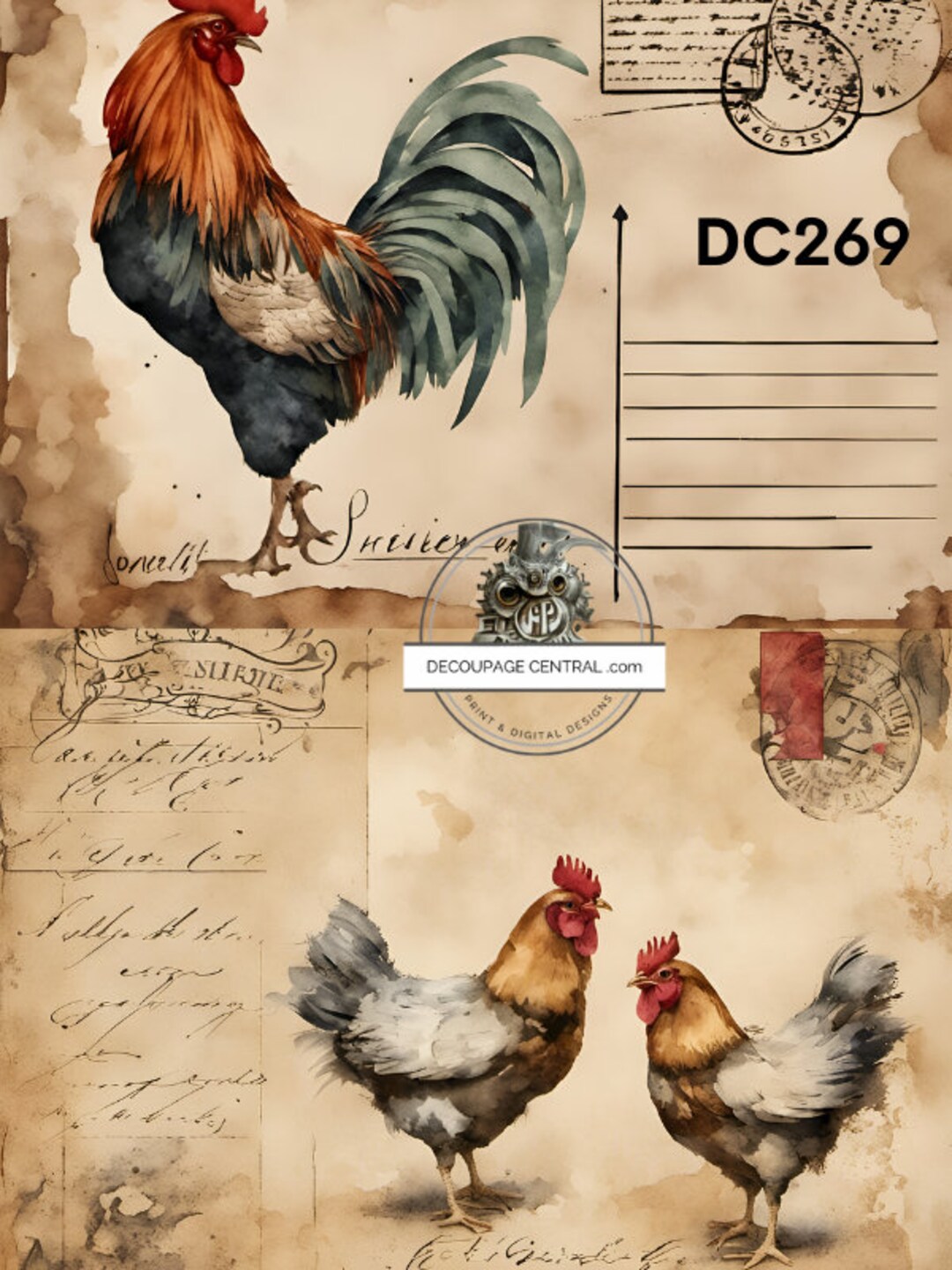 A4 DF 269 Rooster and Chickens Postcards Decopauge Rice Paper - Etsy