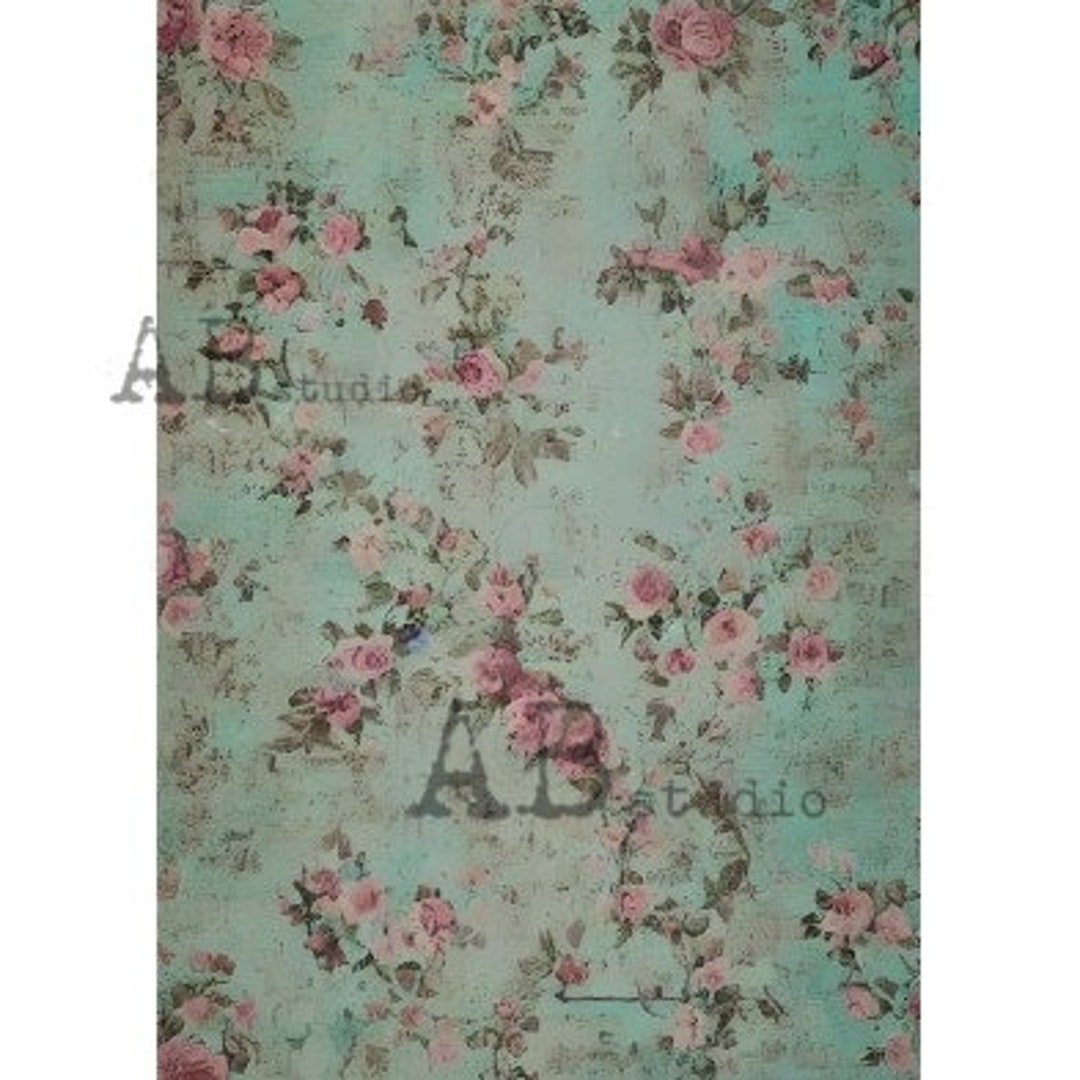 A4 DFAB 1795 Rose and Teal Wallpaper Decopauge Rice Paper - Etsy
