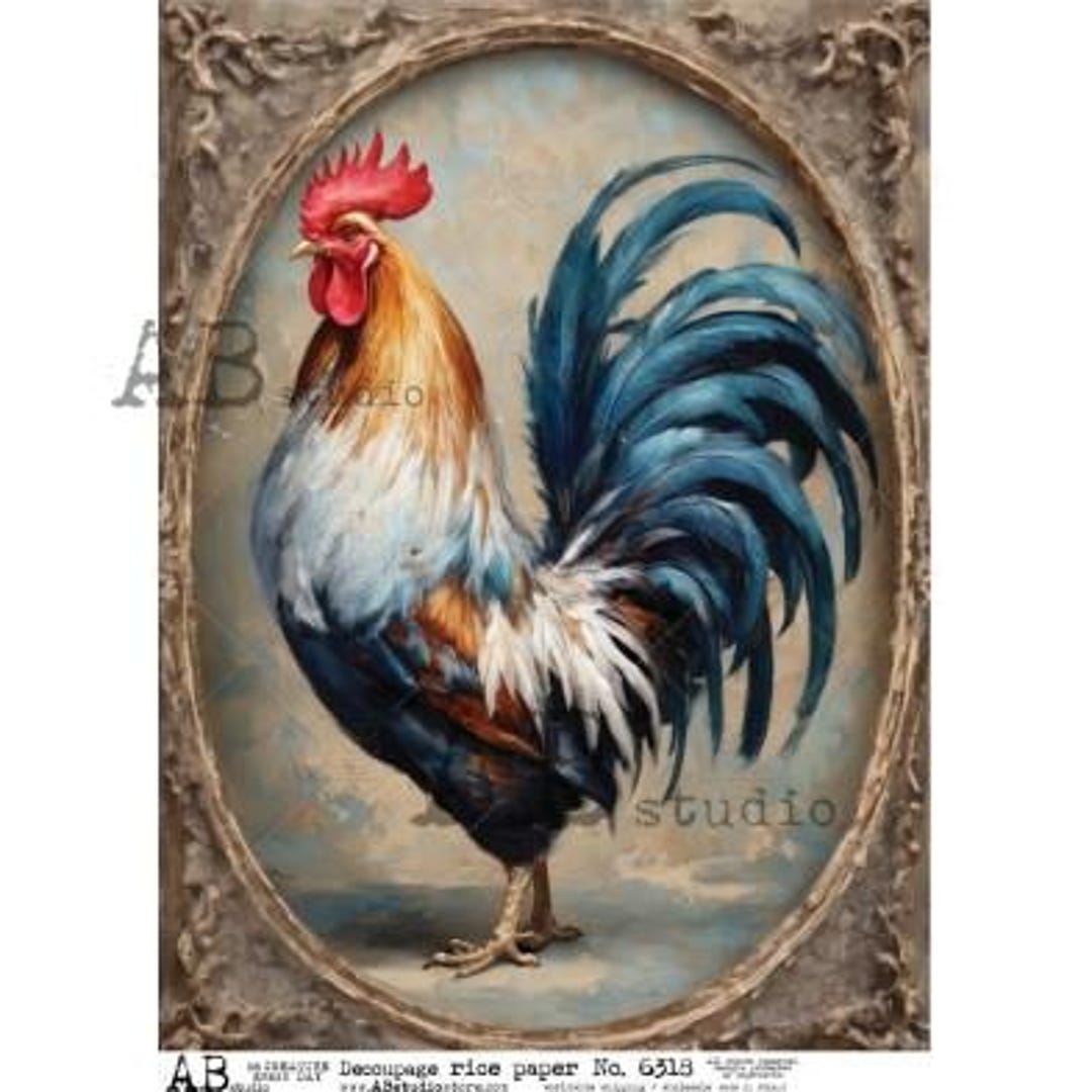 A4 ABDF6318 Barnyard Rooster in Vintage Frame Decoupage Rice Paper - Etsy