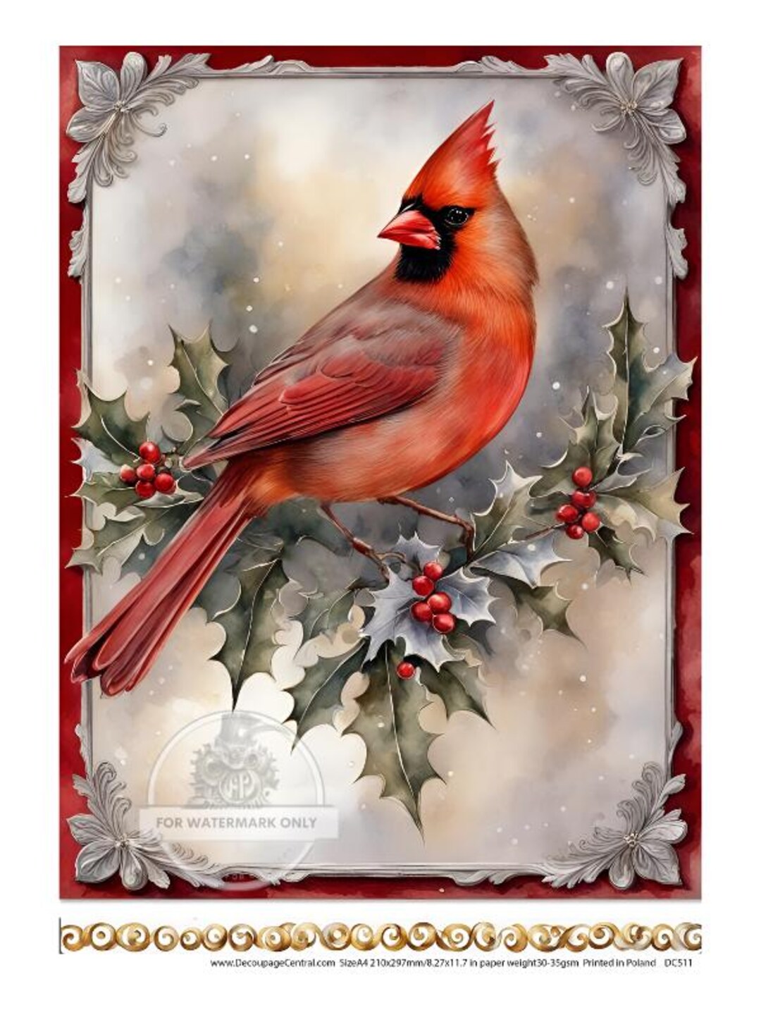 A4 DF 511 Red Cardinal With Silver Decoupage Rice Paper - Etsy