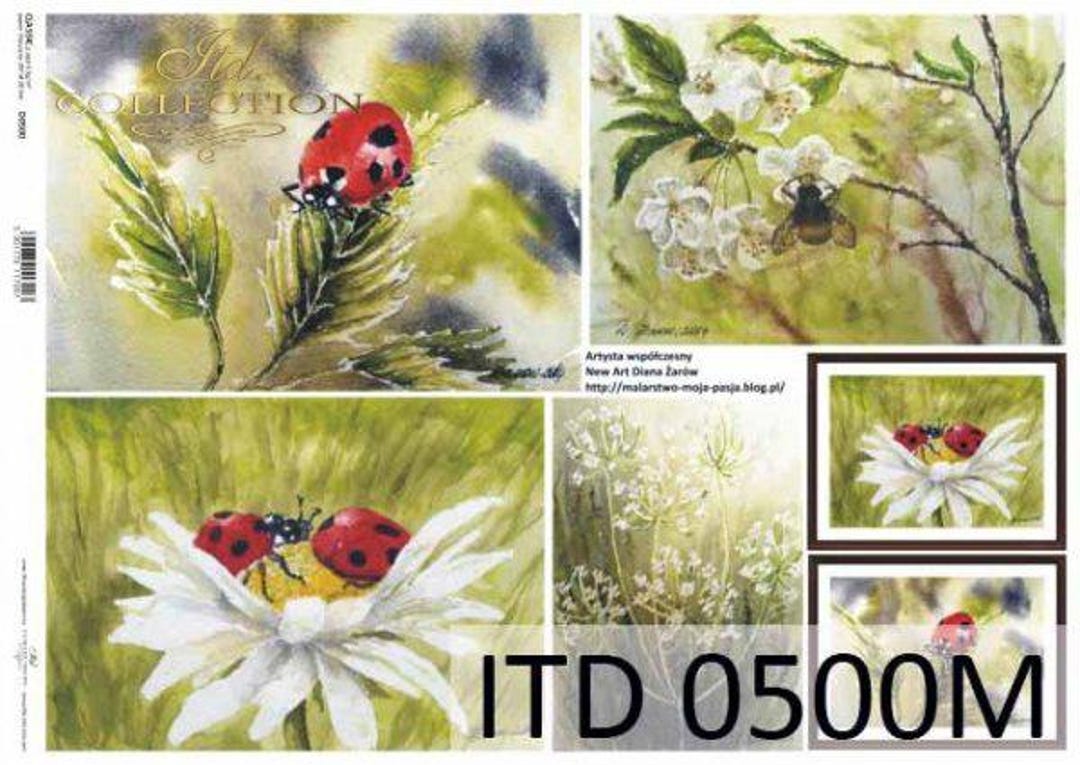 A4 ITD 0500 Ladybug and Bee on Flowers Decoupage Rice Paper - Etsy