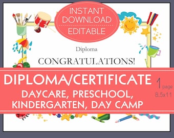 Editable CERTIFICATE/ DIPLOMA for Preschool /kindergarten/daycare ...