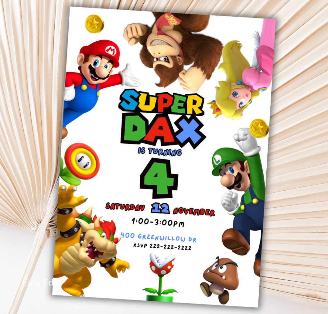 Invitación editable de Mario, Invitación de cumpleaños de Super Mario ...