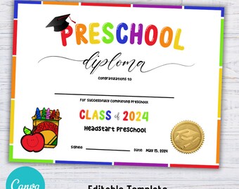 Editable Preschool Diploma, Preschool Certificate, Preschool Graduation ...