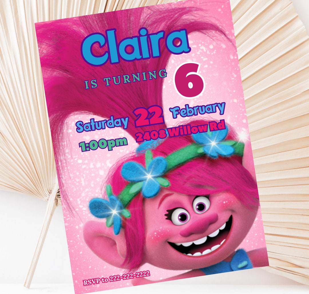 Editable Trolls Birthday Invitation, Poppy Birthday Invitation Template ...
