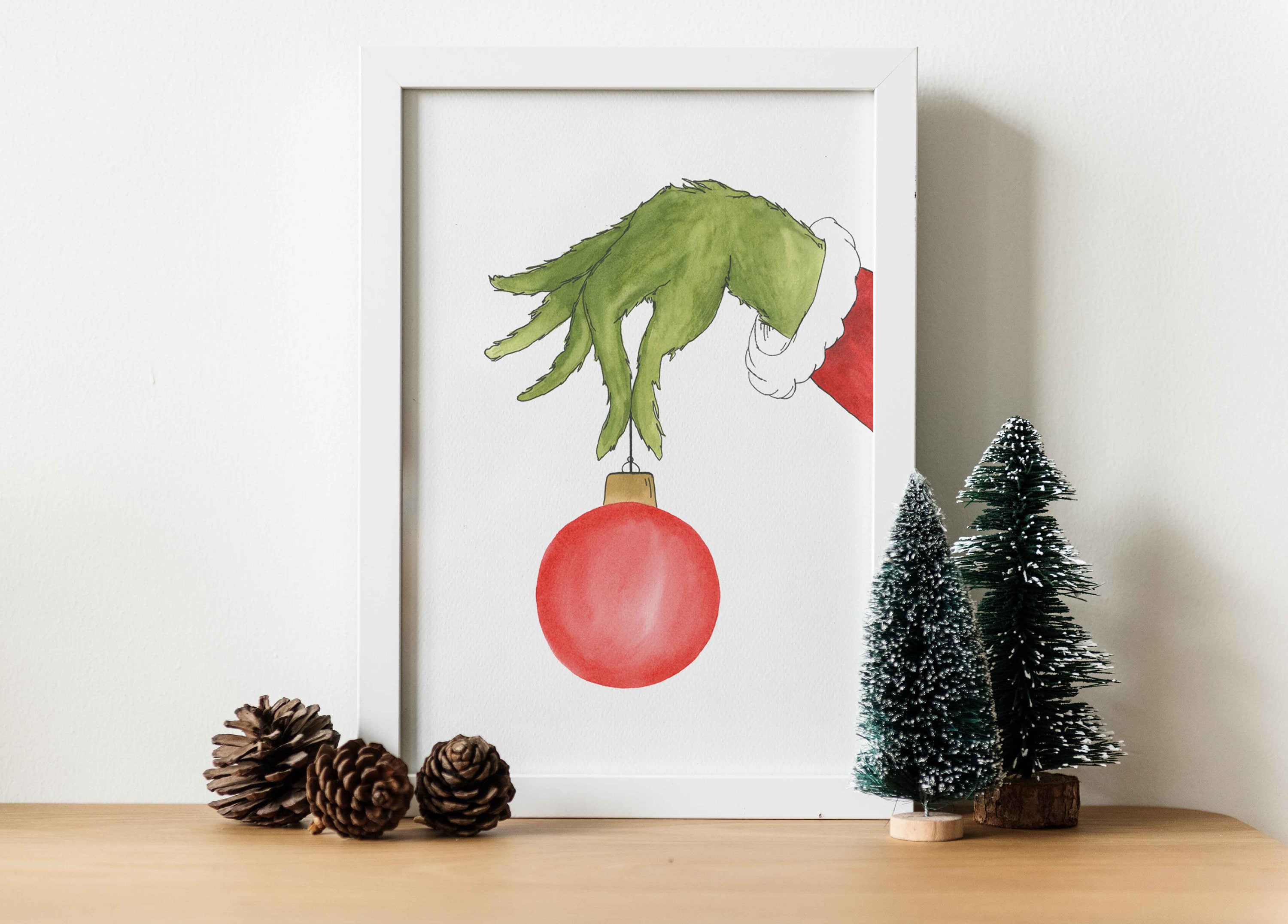 The Grinch Watercolor Art, Grinch Hand, Holding Ornament, Holiday Print ...