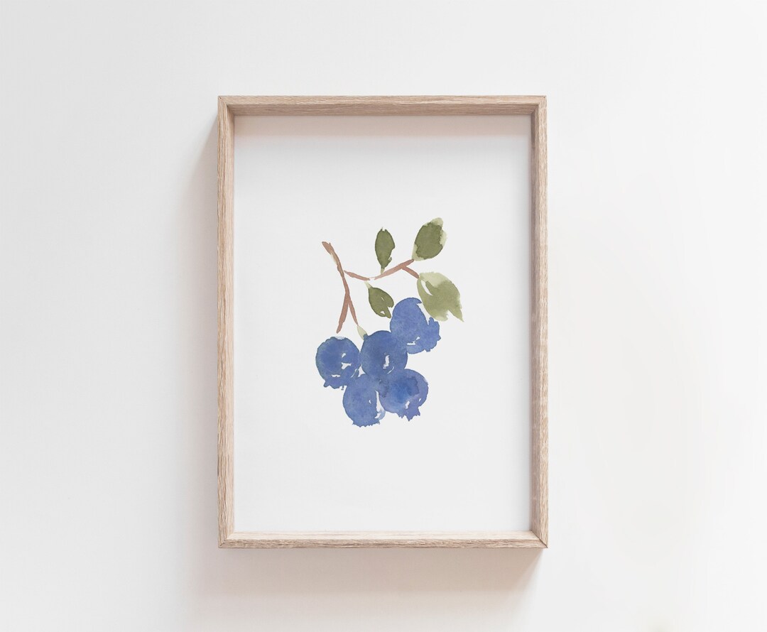 Blueberry Branch Watercolor, Minimal Kitchen Art, Simple Fruit Print ...