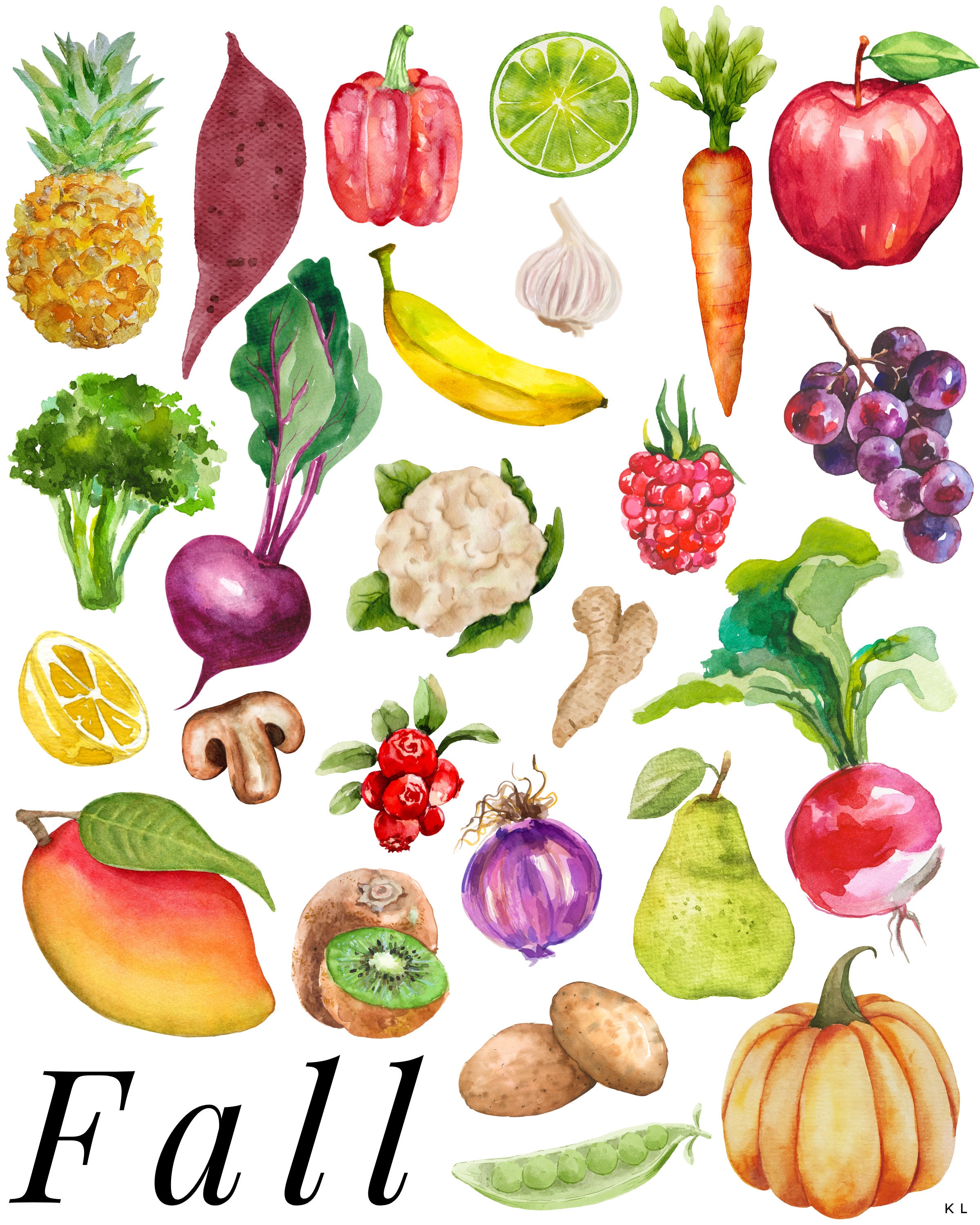 Seasonal Produce Print - Dietitian Prints - Kitchen Prints - Food Decor ...