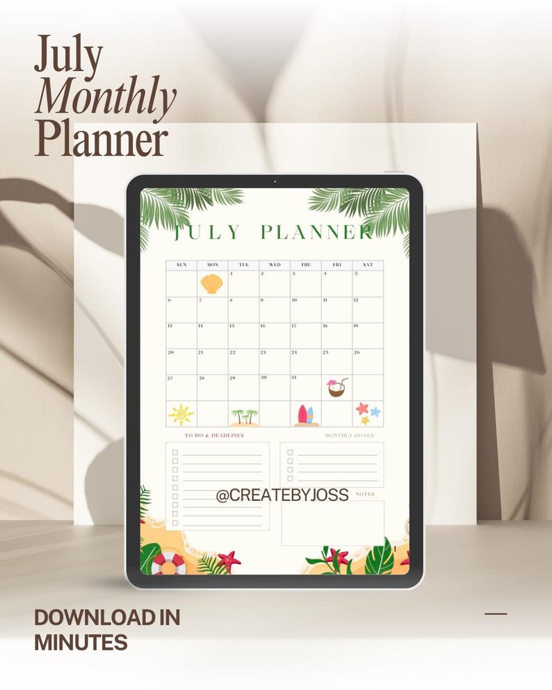 July Monthly Planner Printable | Summer Beach Theme | Digital Download ...