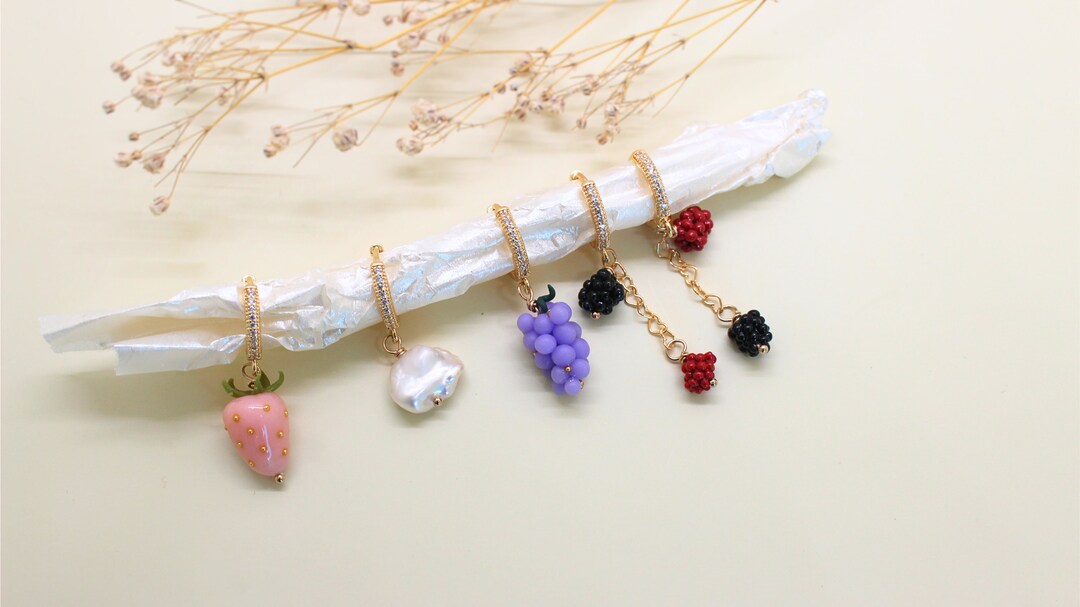Mix & Match Pave Dangle Gold Hoop Strawberry, Grape, Pearl, Berries - Etsy