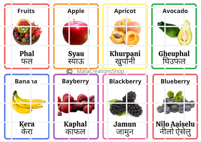 Printable Nepali Flashcards: Fruits - Etsy