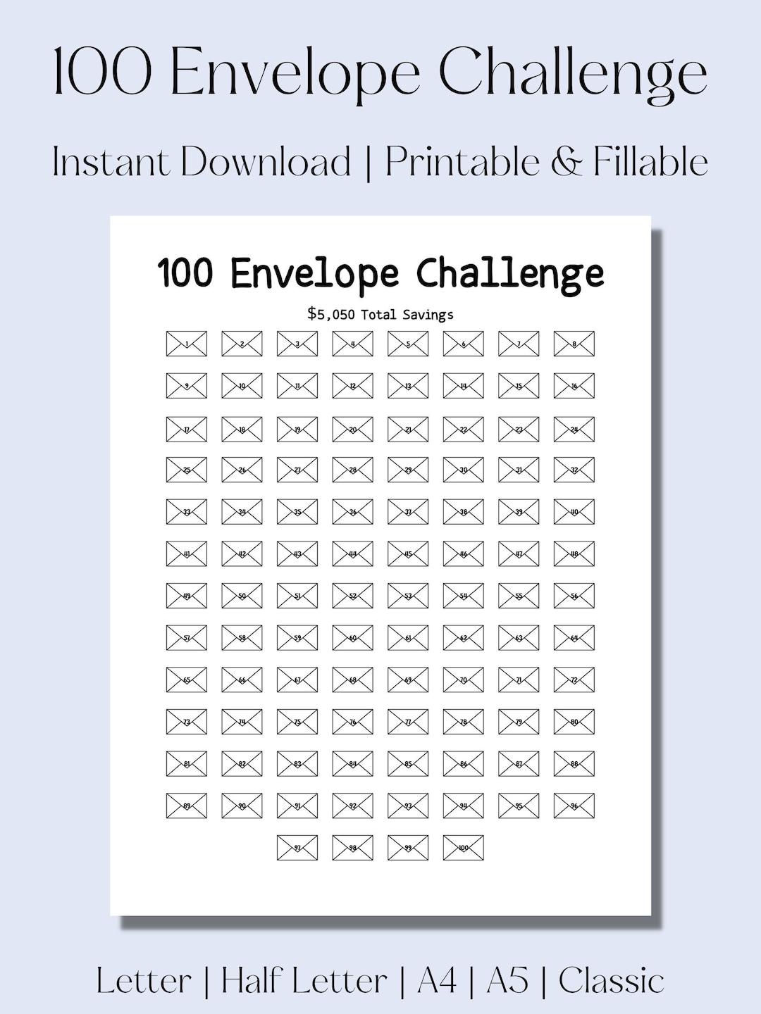 100 Envelope Challenge Printable Savings Challenges Instant Download ...