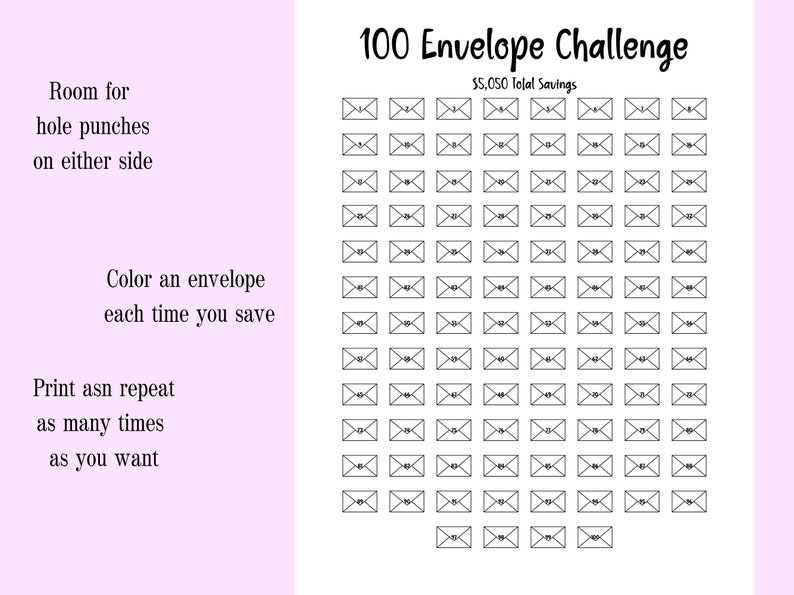 100 Envelope Challenge Printable Savings Challenge Instant - Etsy
