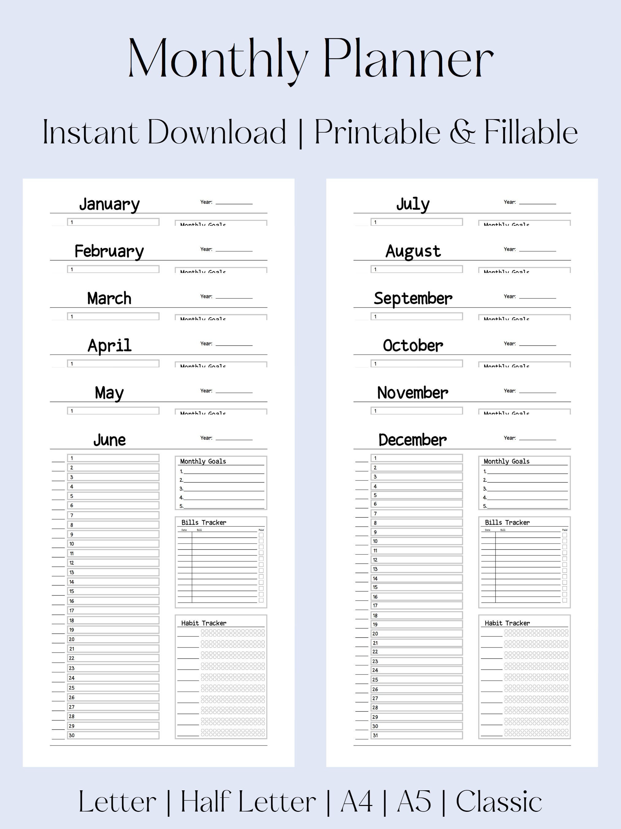 12 Month Monthly Planner | Printable Planner | Planner Bundle | Instant ...