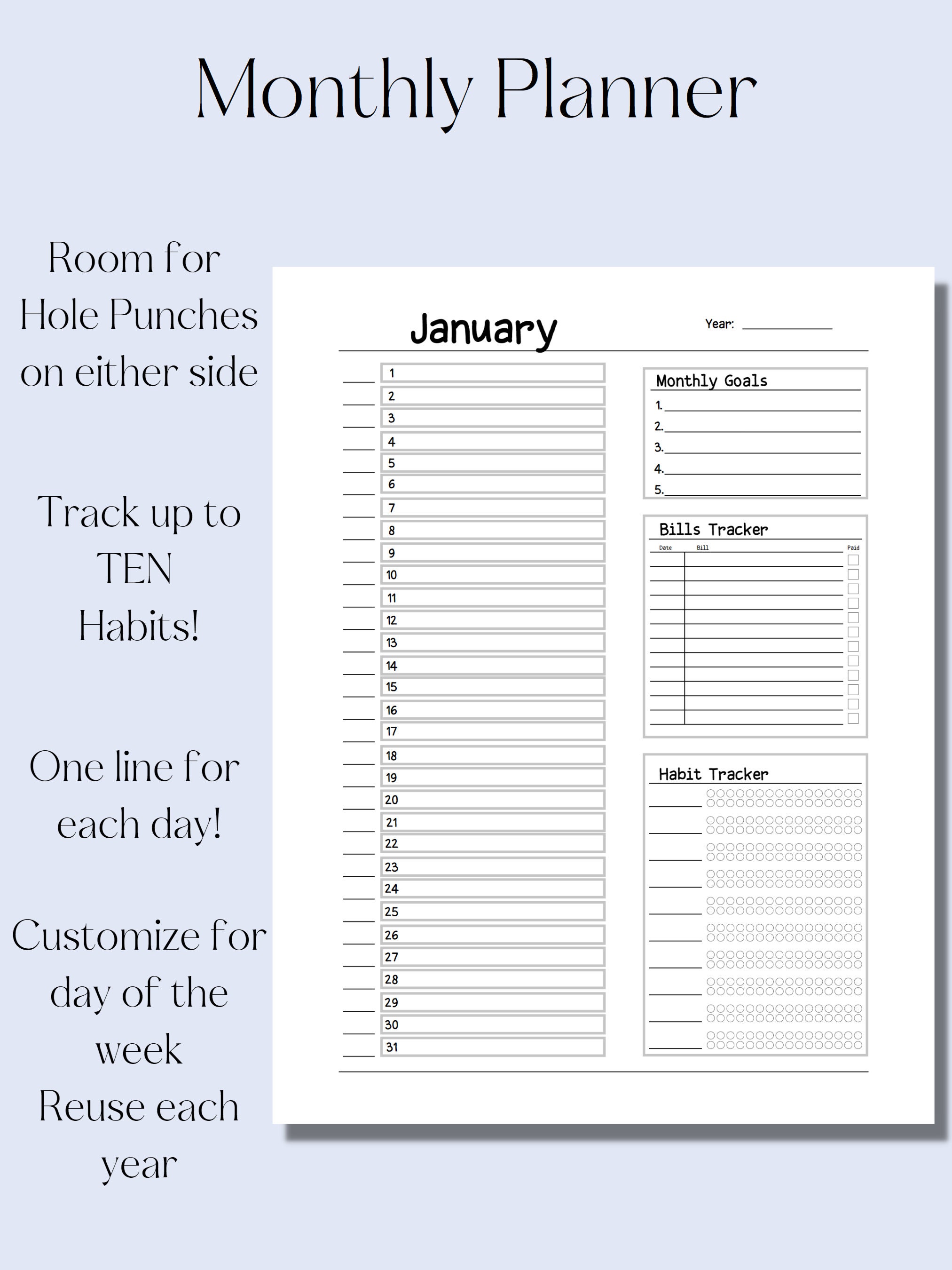 12 Month Monthly Planner | Printable Planner | Planner Bundle | Instant ...