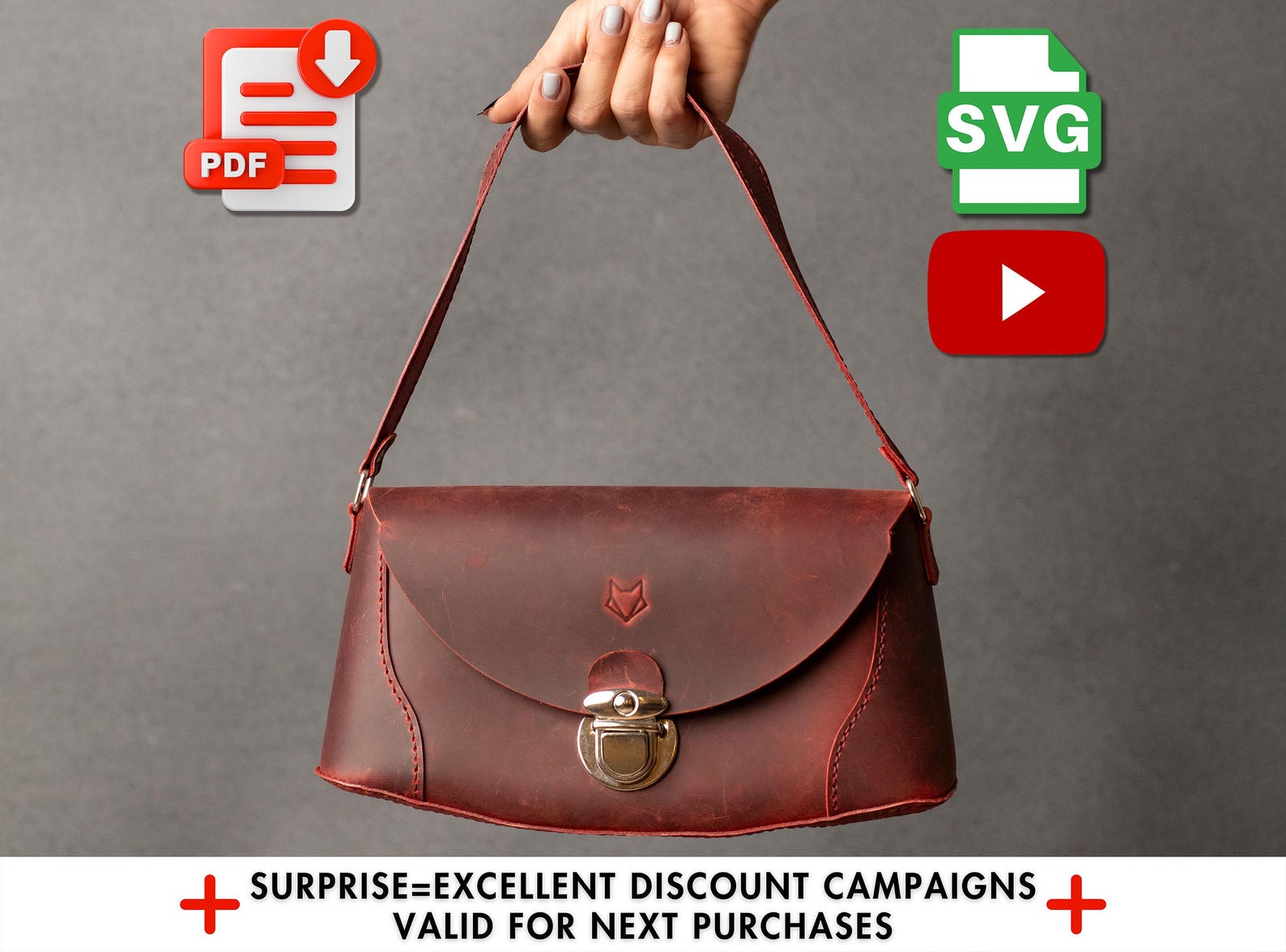 Leather Handbag Pattern, DIY Purse Template With Video (pdf, Svg, Dxf ...