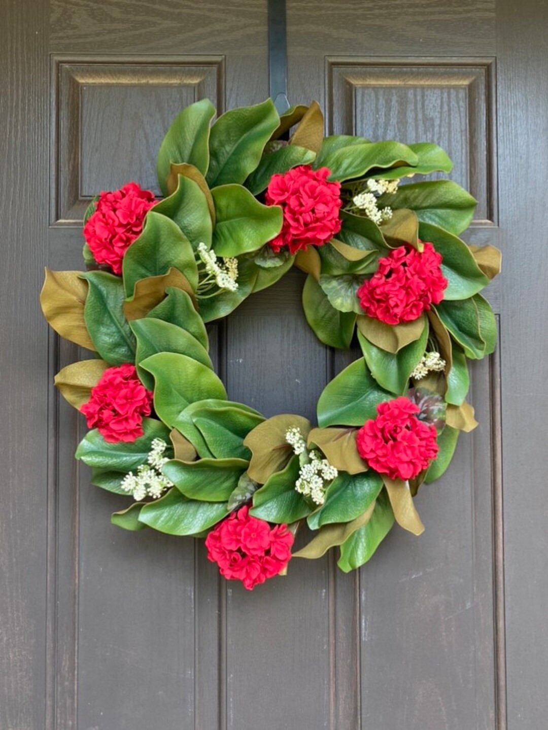 Magnolia Wreath, Red Geranium Wreath, Farmhouse Wreath, Summer Wreath ...