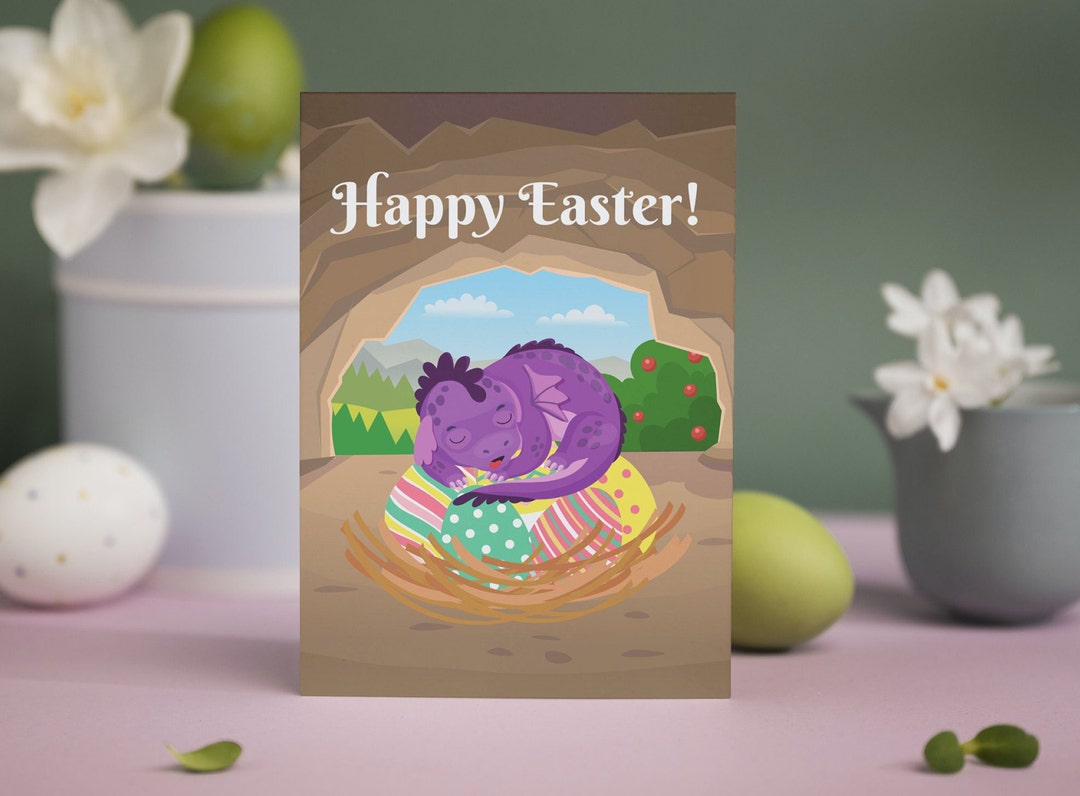 Cute Happy Easter Dragon With Easter Eggs Greeting Card - Etsy