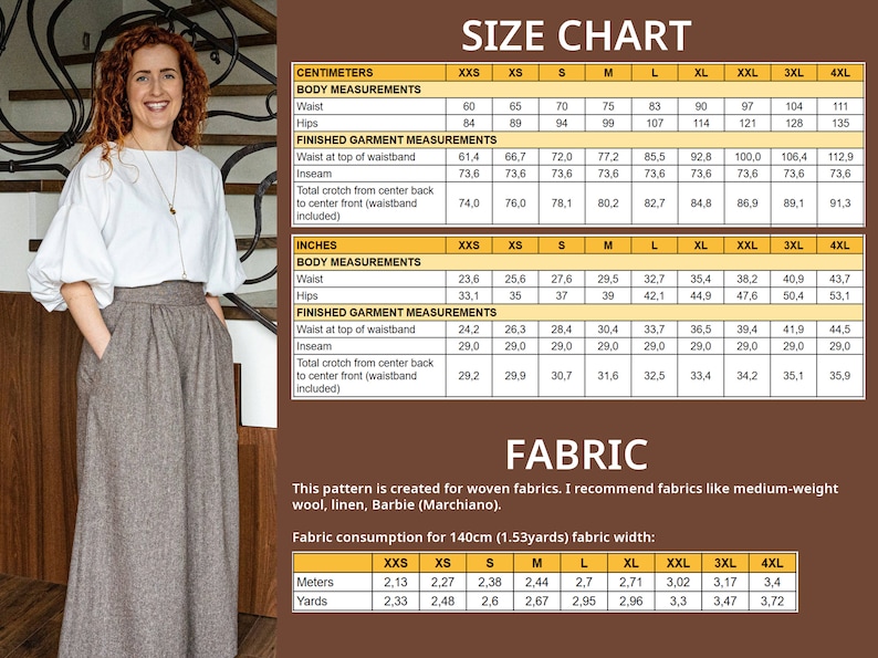Wide Leg Pants PDF Sewing Pattern, 9 Sizes (XXS-4XL) With Instructions ...