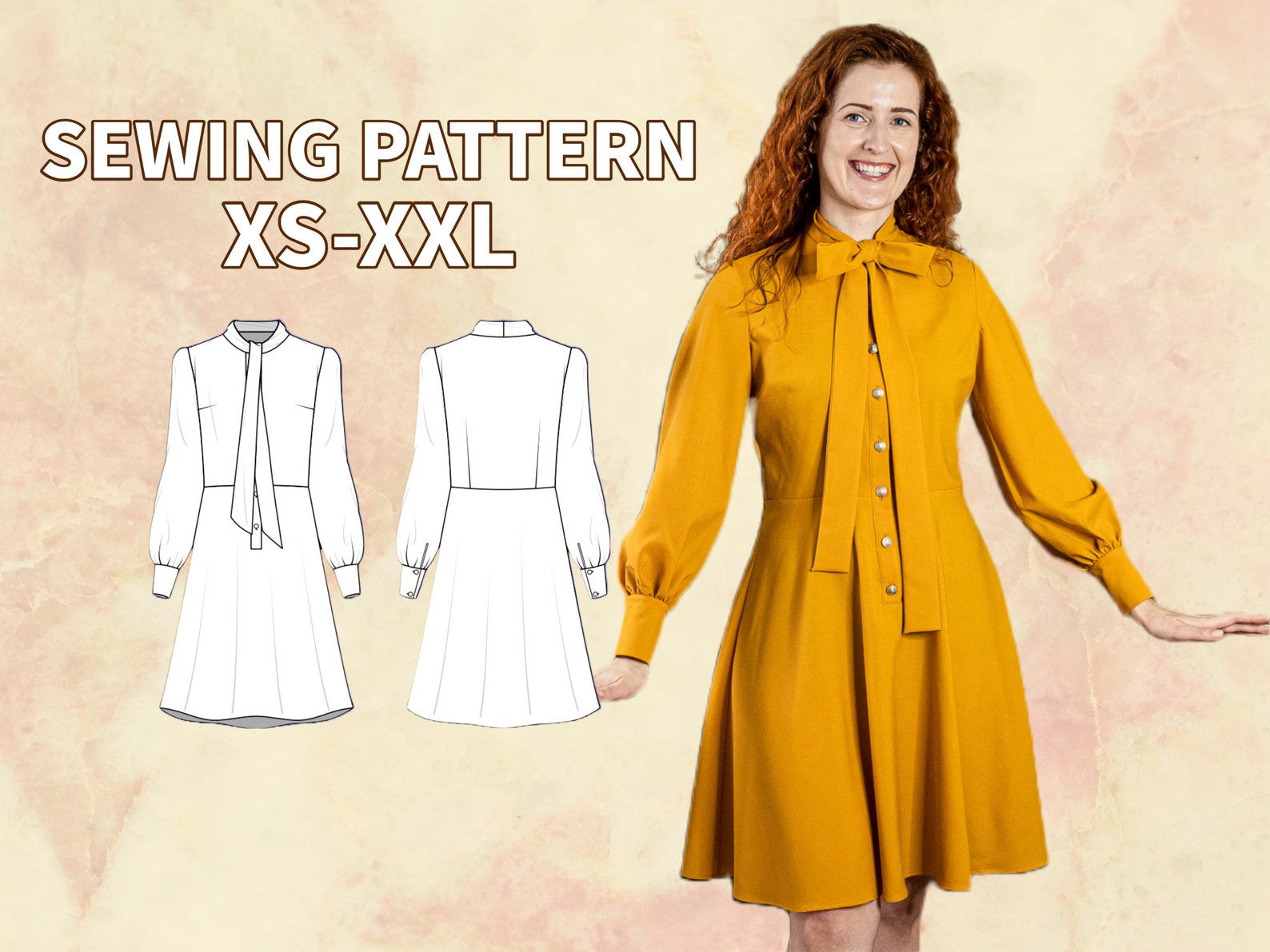 Elegant Bishop Sleeve Dress PDF Sewing Pattern Sizes XS to - Etsy