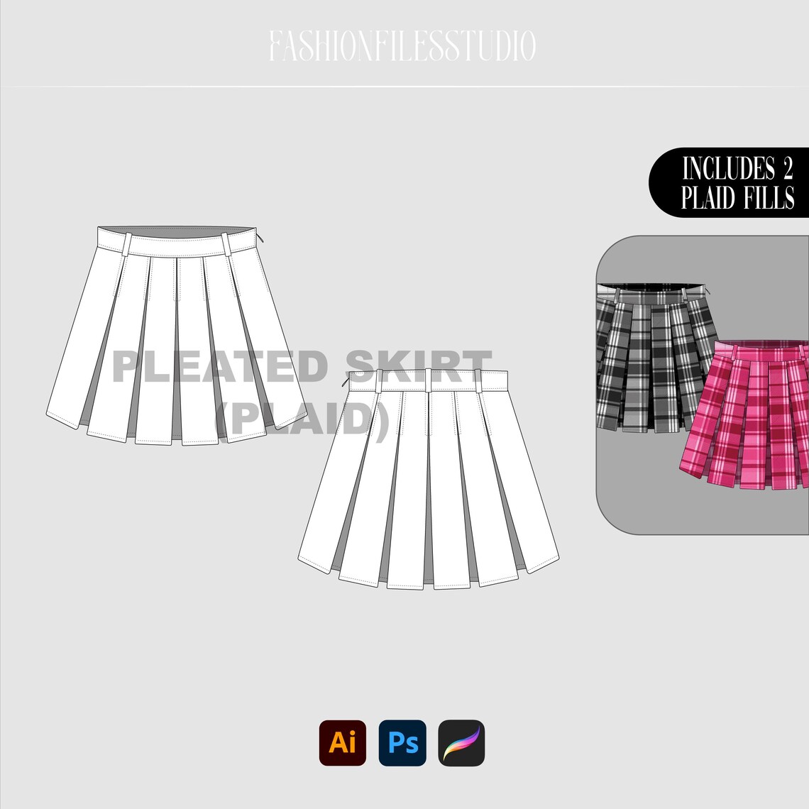 Pleated Skirt Fashion Flat Technical Illustration Template Mockup ...