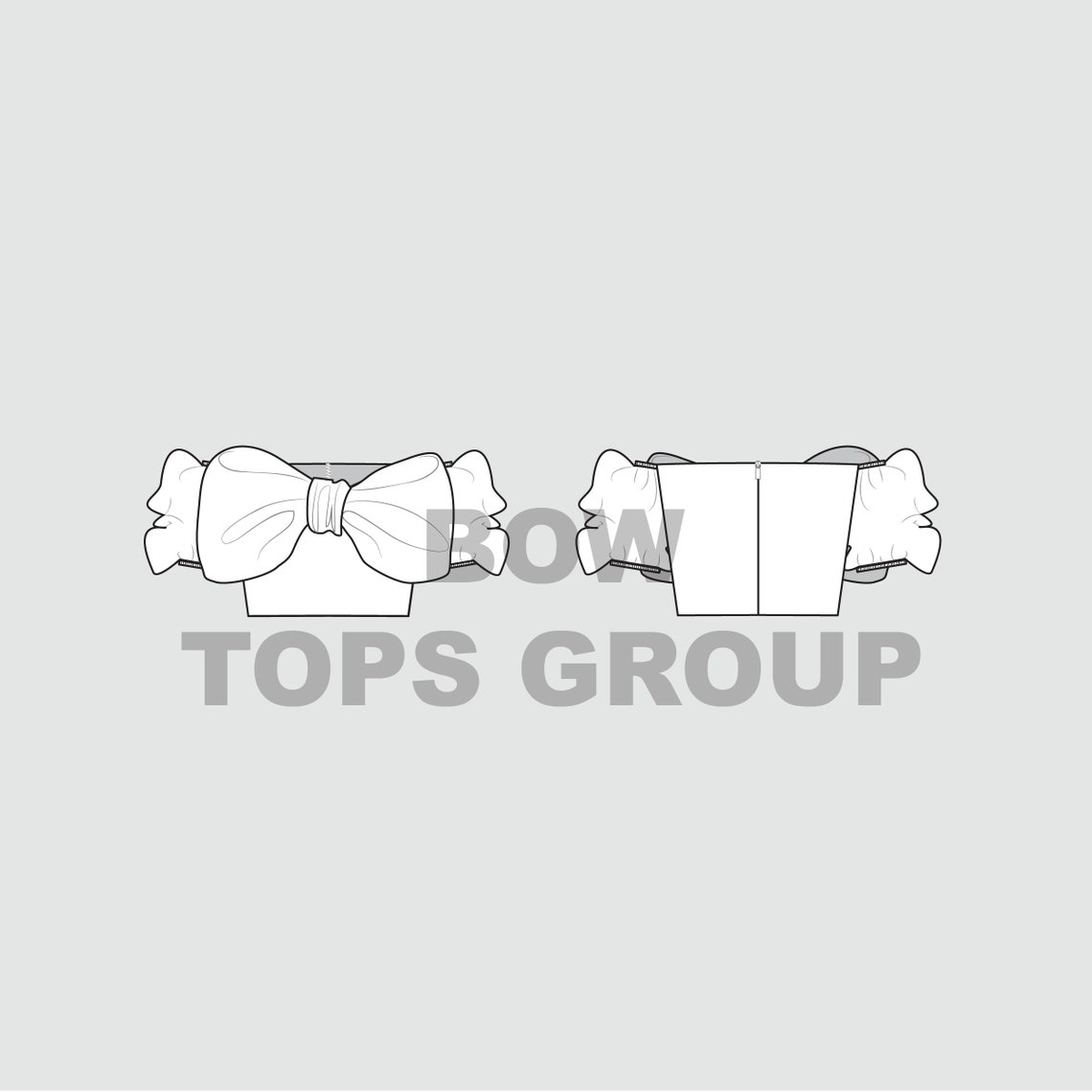 Bow Tops Fashion Technical Flat Sketches CADS Mockup Template Digital ...