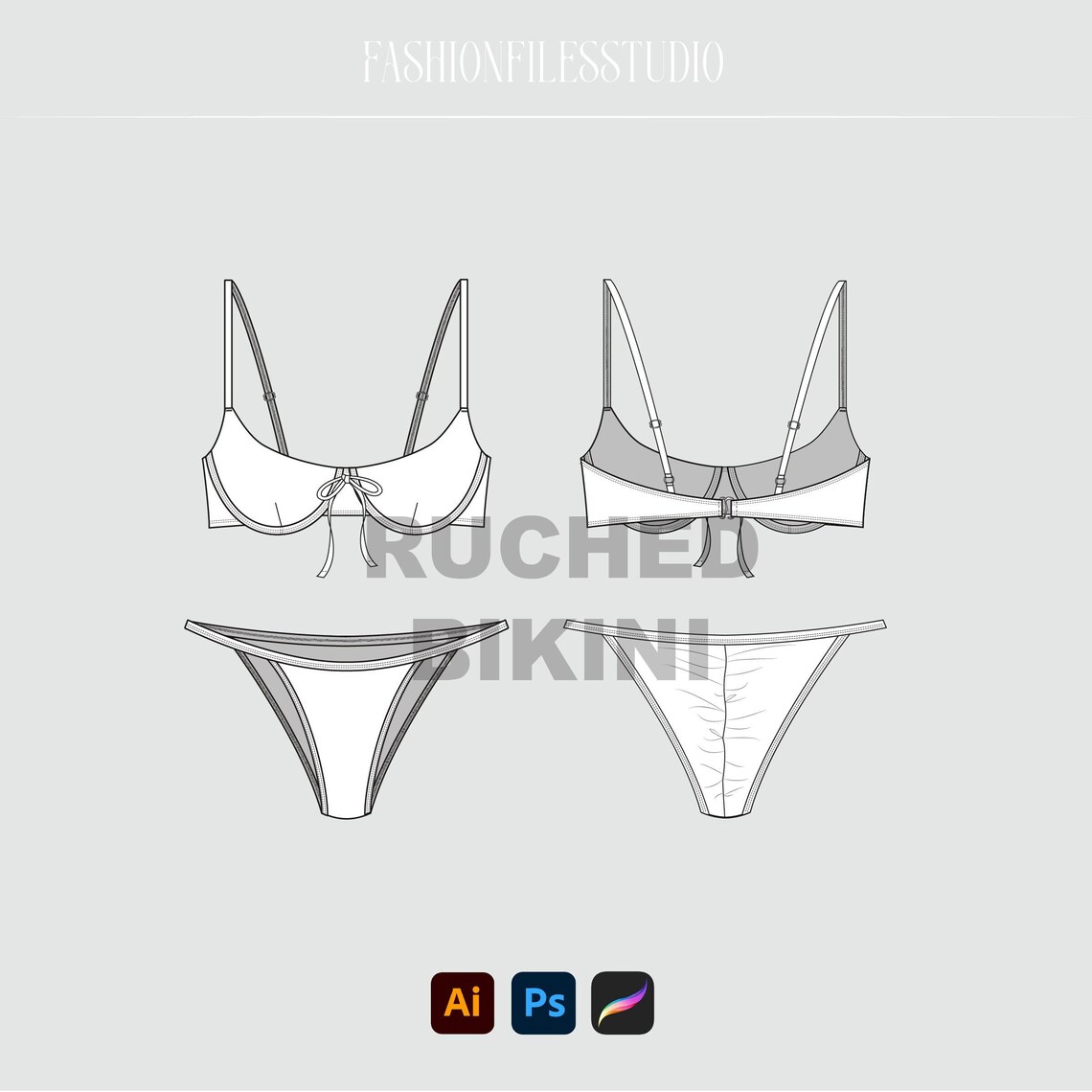 Ruched Bikini Set Fashion Technical Flat Sketch CAD - Etsy