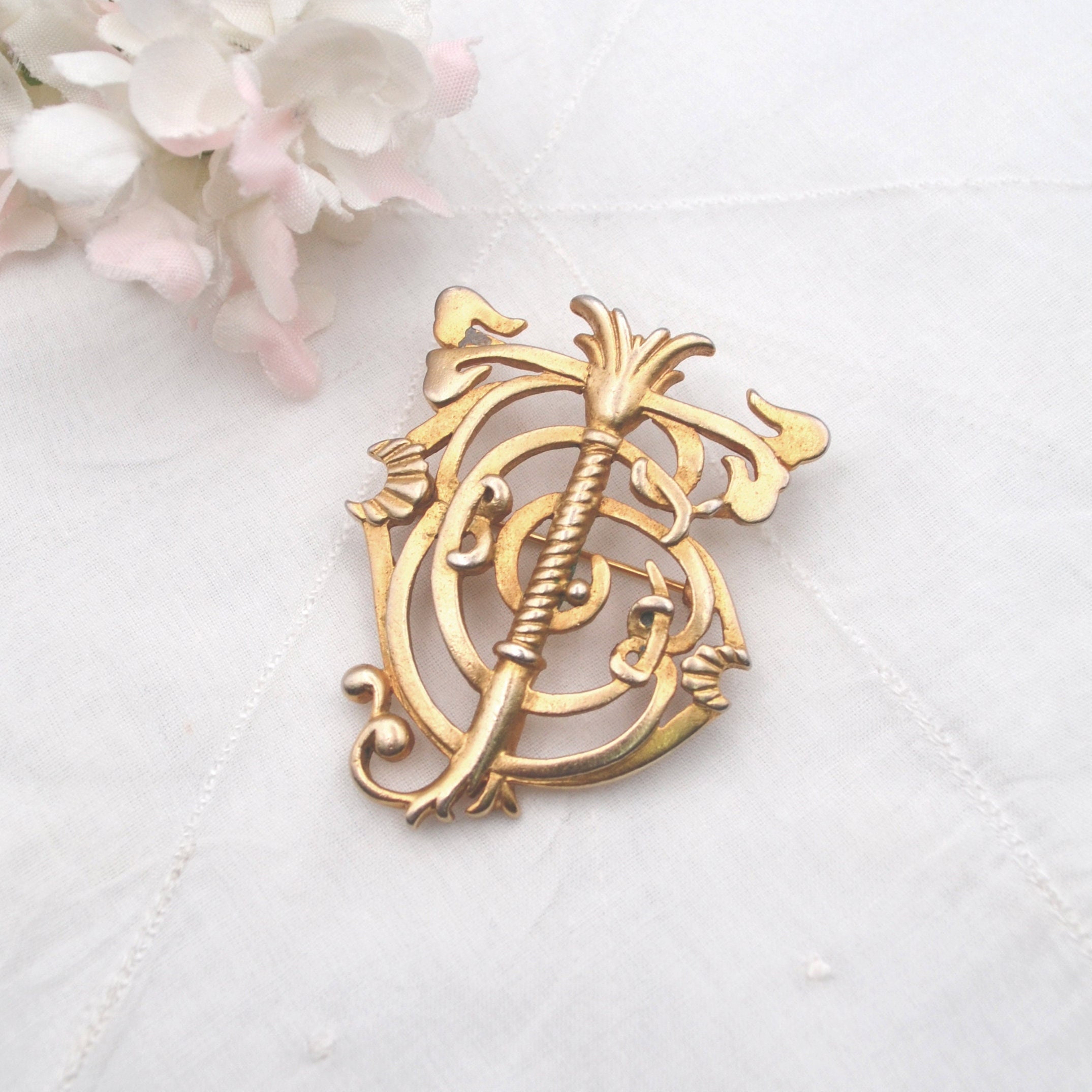 Vintage Carolee Art Nouveau Inspired Brooch Jewelry Gold Tone Ornate Brooch Etsy