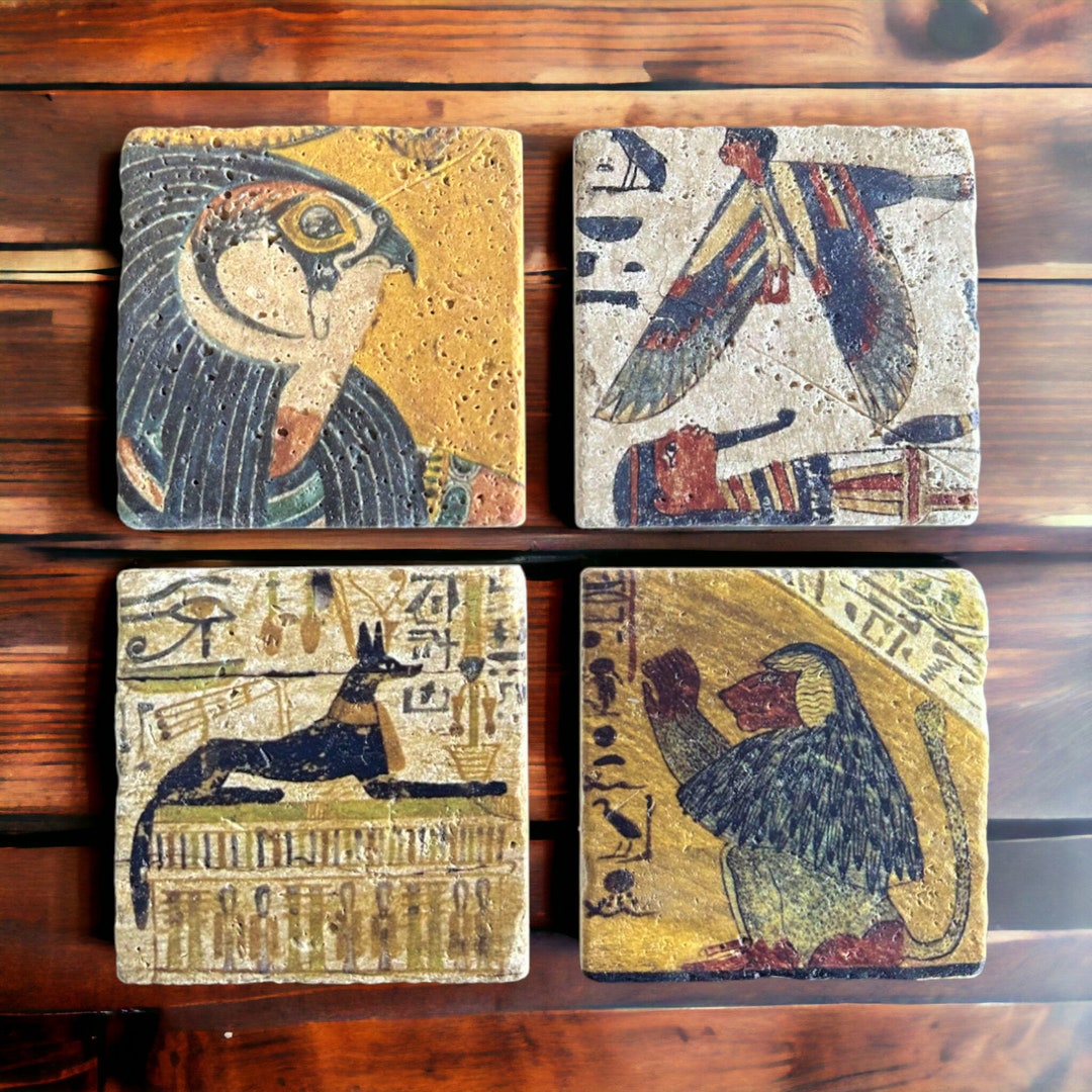 Decorative Natural Stone Coasters Egypt Antique Pattern Set of 4 ...