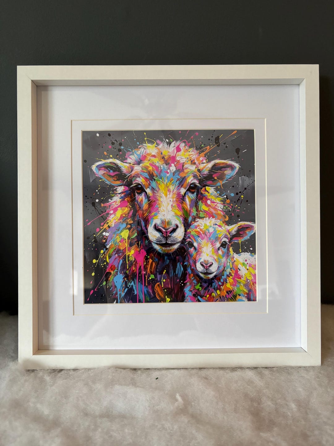 Colourful Sheep & Lamb Abstract Art Print – Framed Double Mounted ...